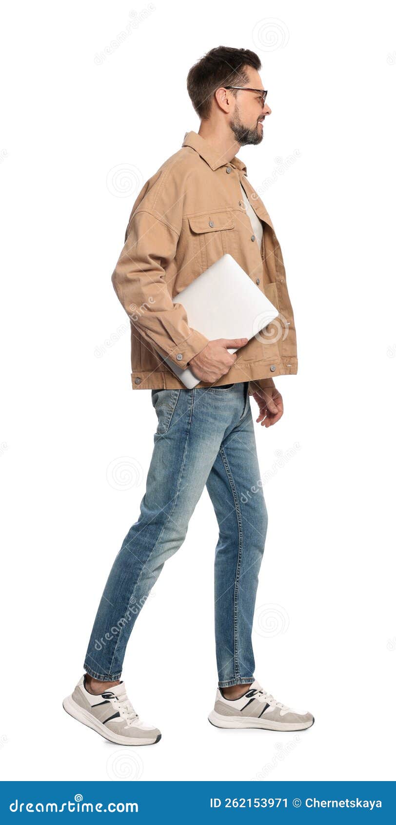 Man with Laptop Walking on White Background Stock Image - Image of ...
