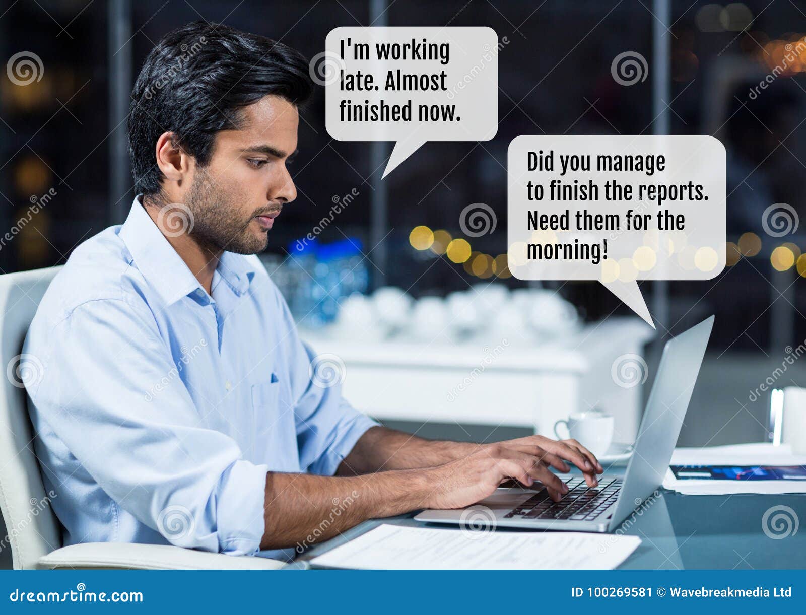 Man on Laptop Working Late with Chat Bubbles Stock Image - Image of ...