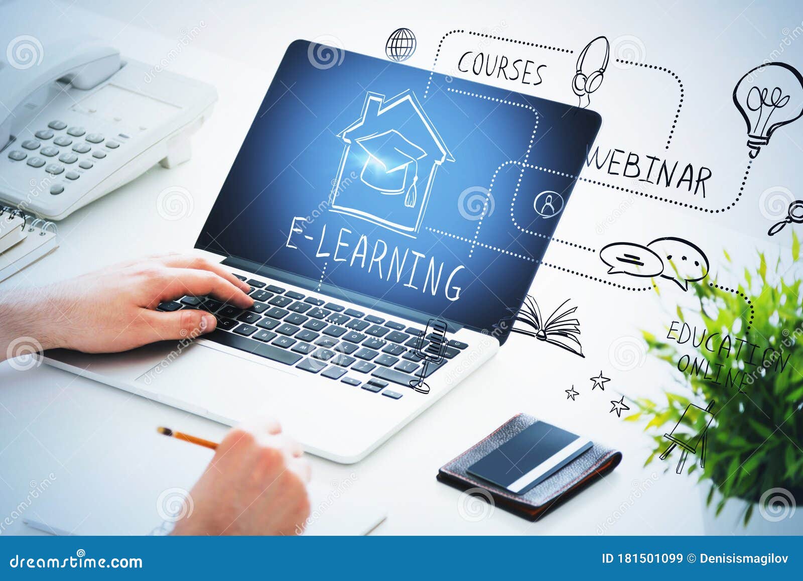 Man with Laptop Writing, E Learning Sketch Stock Image - Image of grey ...