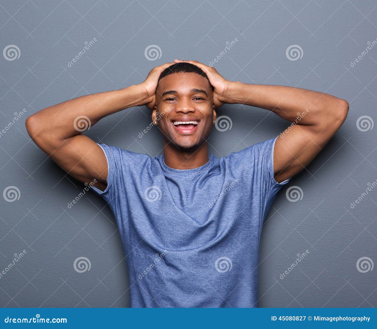 Man Laughing with Hands on Head Stock Image - Image of adult, model ...