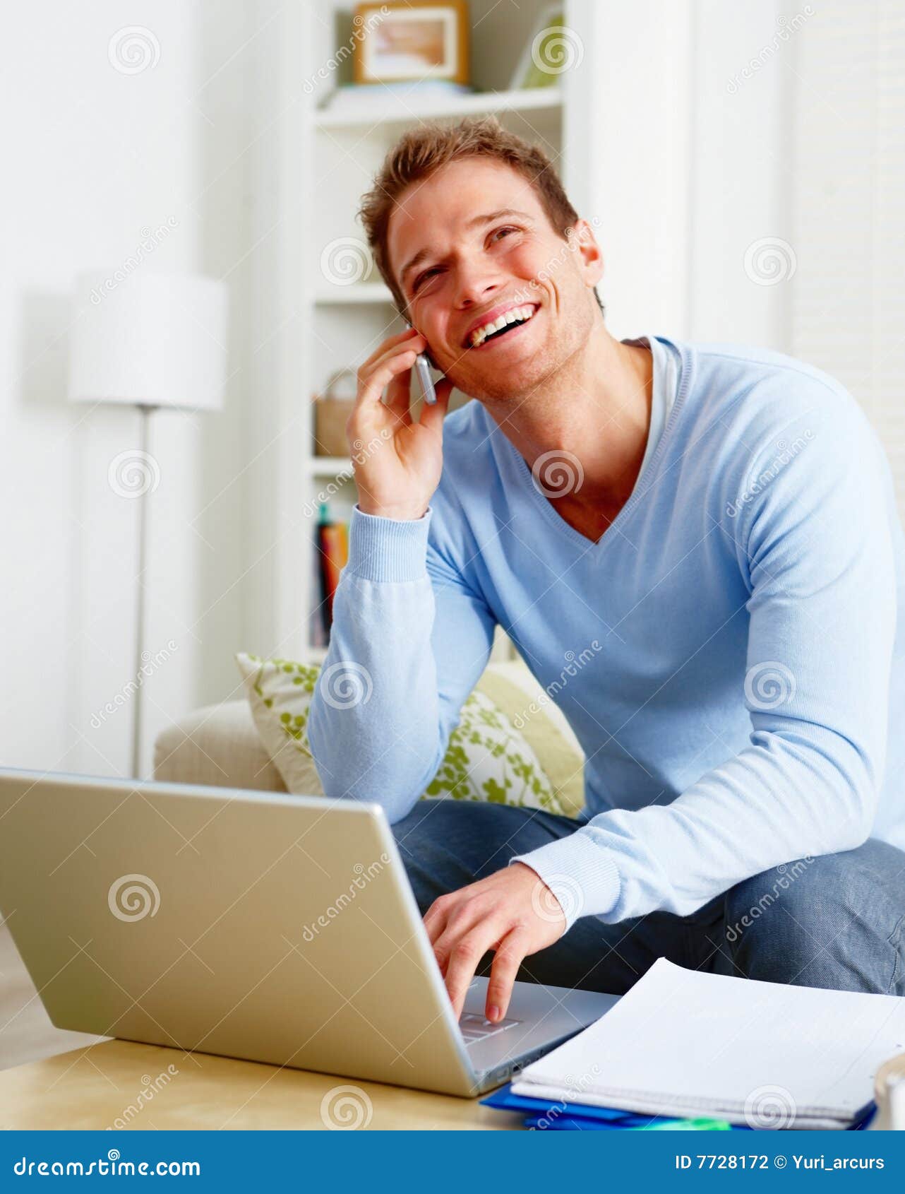 Man Laughing Joyfully Talking on Mobile Phone Stock Photo - Image of ...