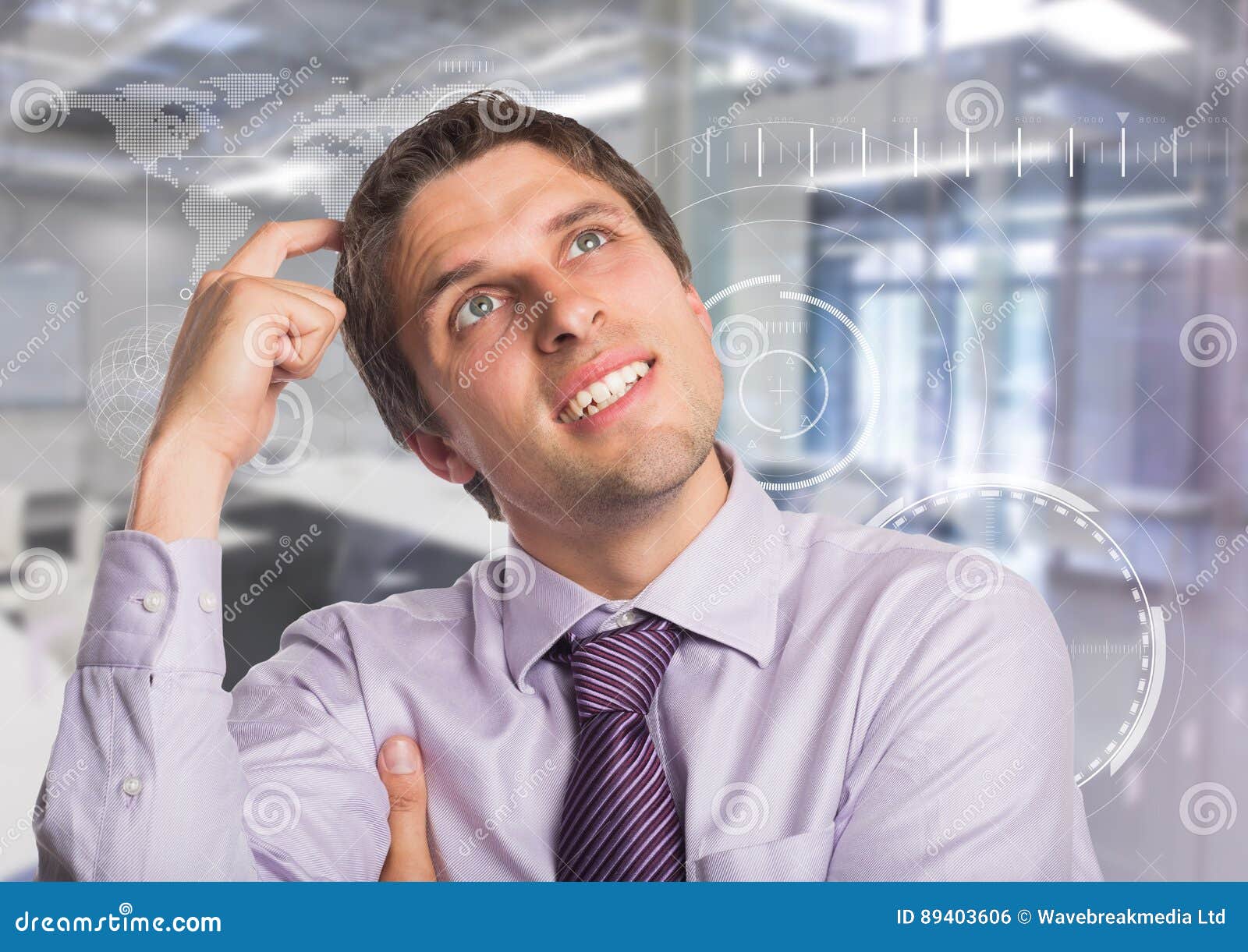 Man in Lavendar Shirt Scratching Head Against White Interface and ...