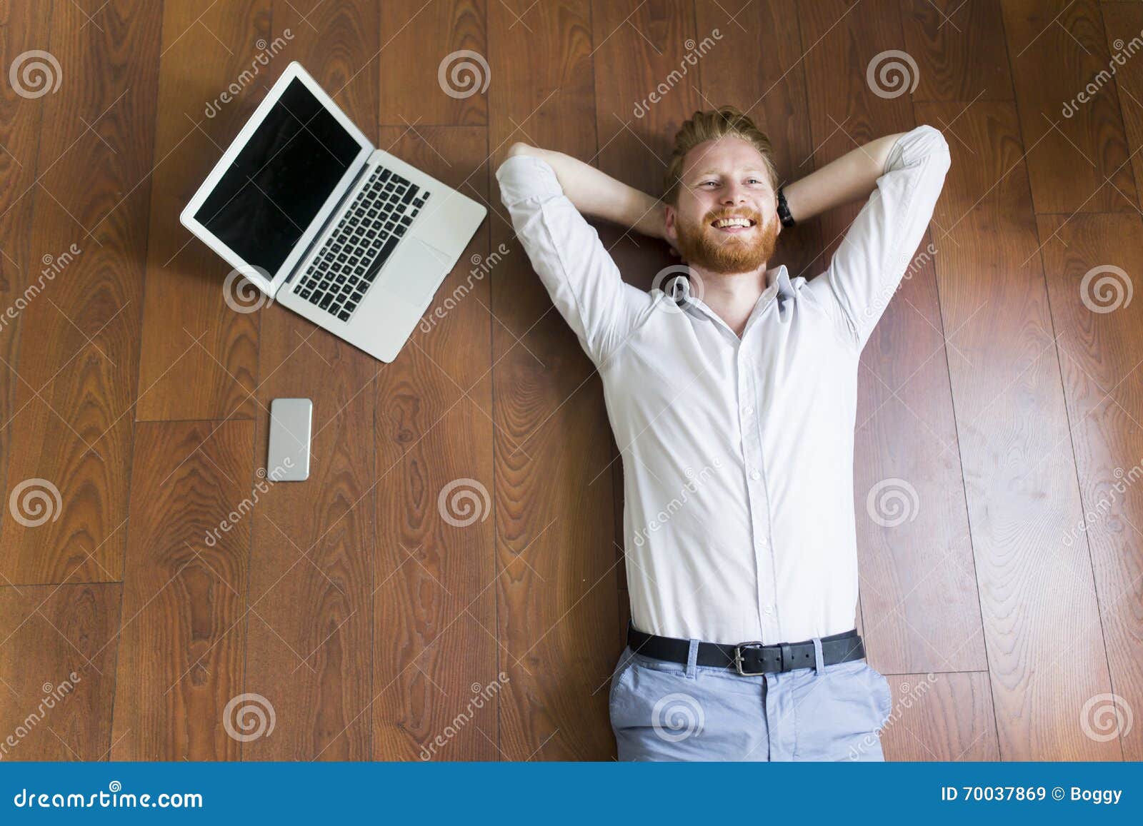 Man Laying on the Floor by the Laptop Stock Image - Image of leisure ...