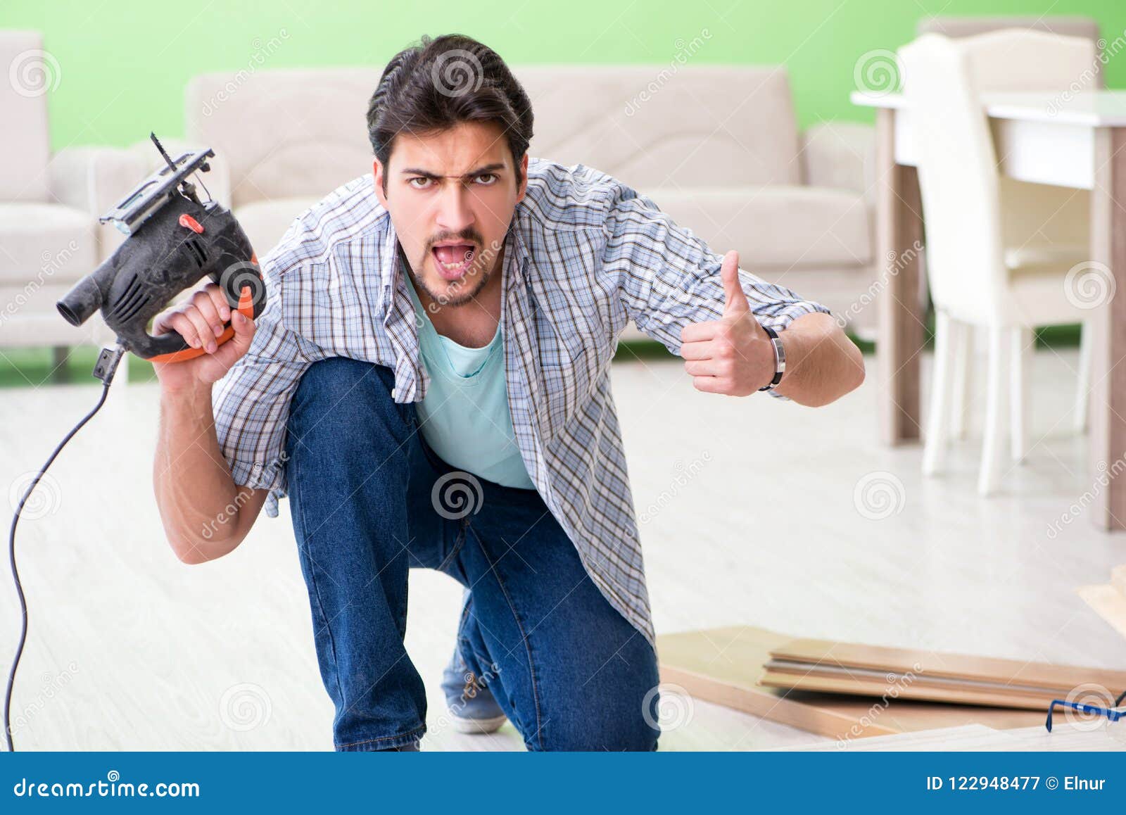 The Man Laying Flooring at Home Stock Image - Image of handyman, repair ...