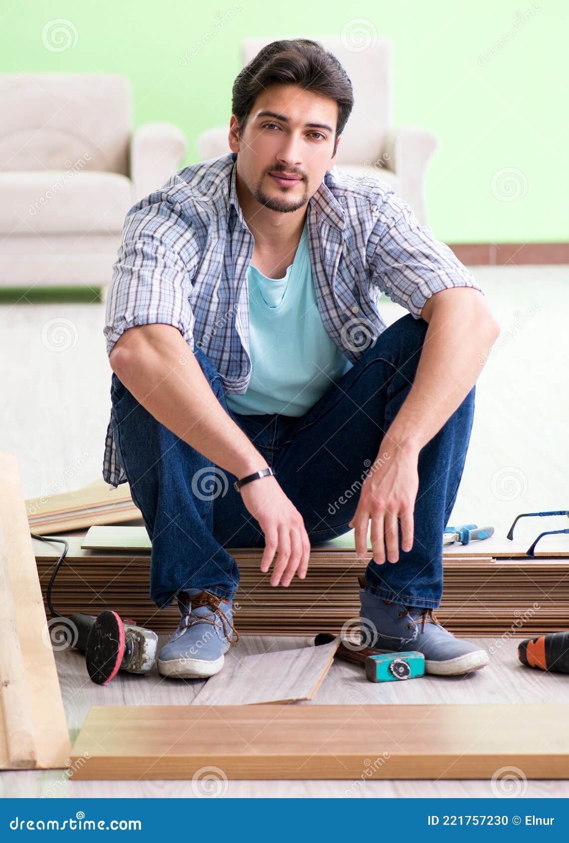 Man Laying Flooring at Home Stock Photo - Image of parquet, good: 221757230