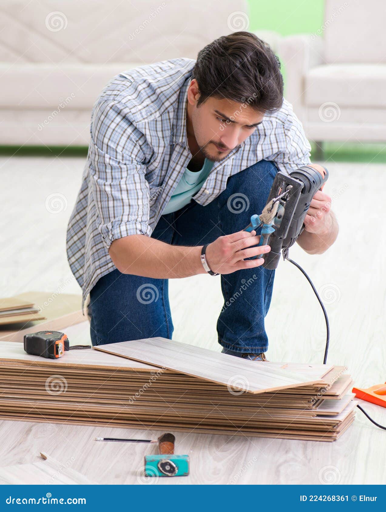 Man Laying Flooring at Home Stock Image - Image of laminate, apartment ...