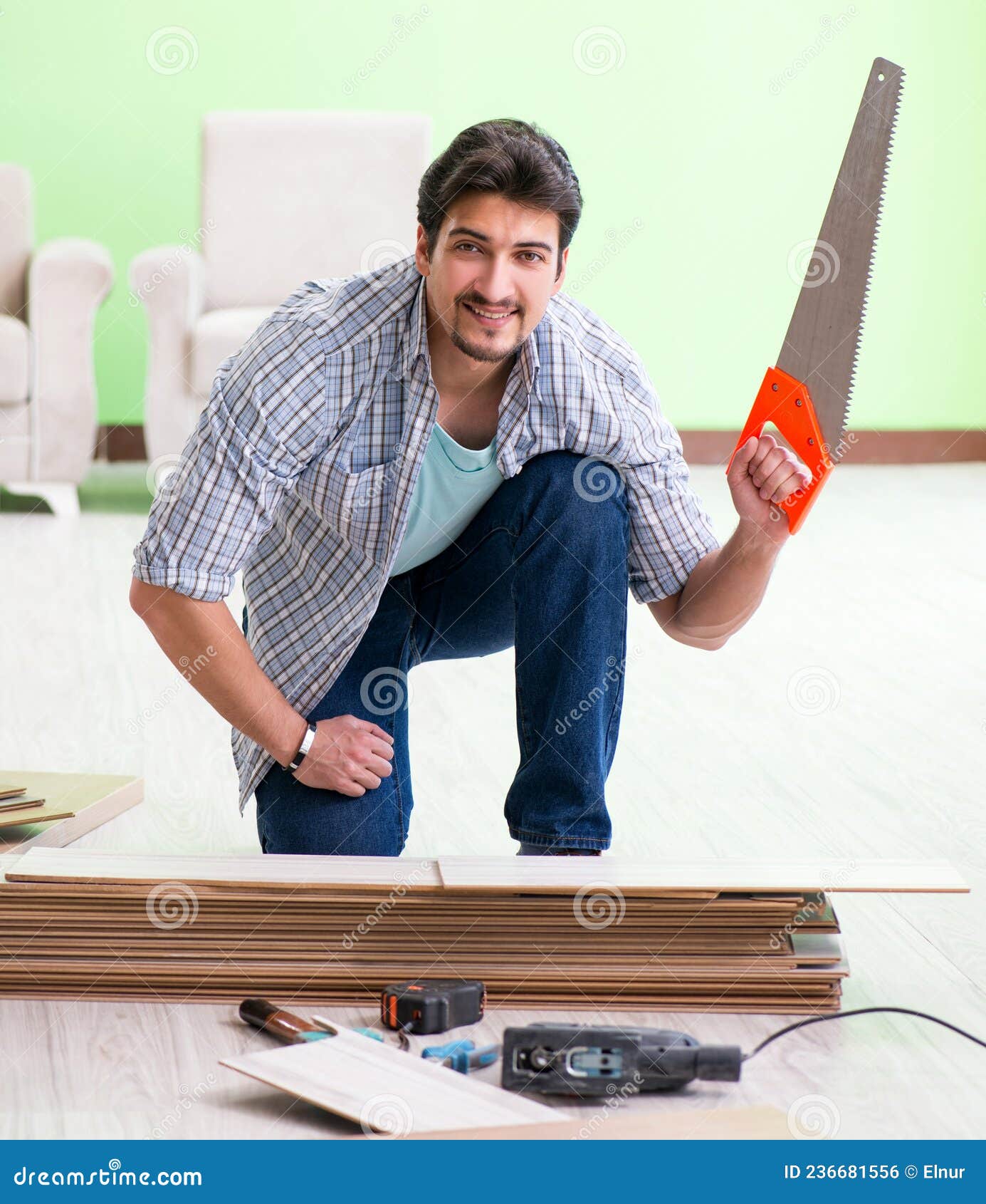 Man Laying Flooring at Home Stock Photo - Image of husband, handyman ...