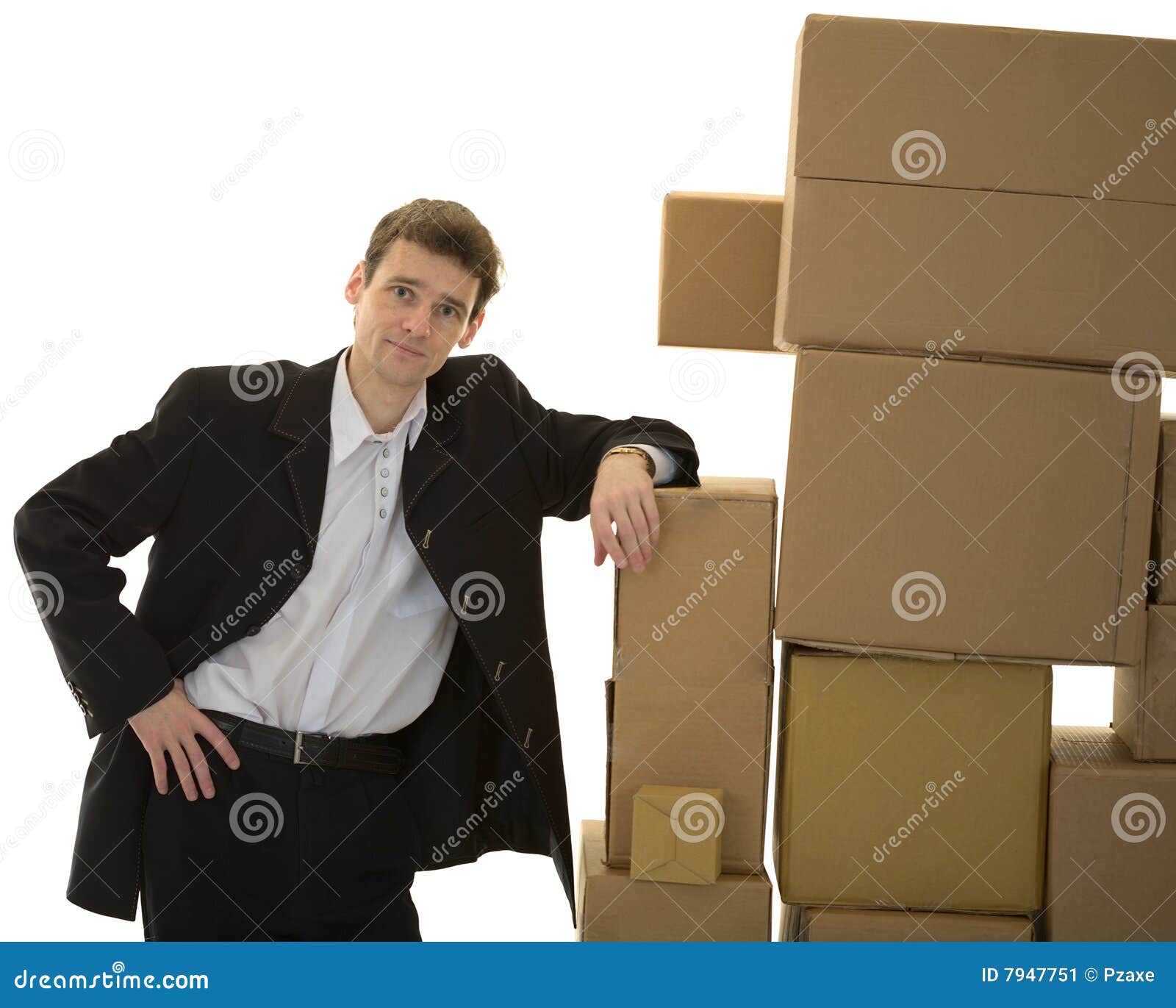 Man Lean One S Elbows on Cardboard Boxes Stock Image - Image of beige ...