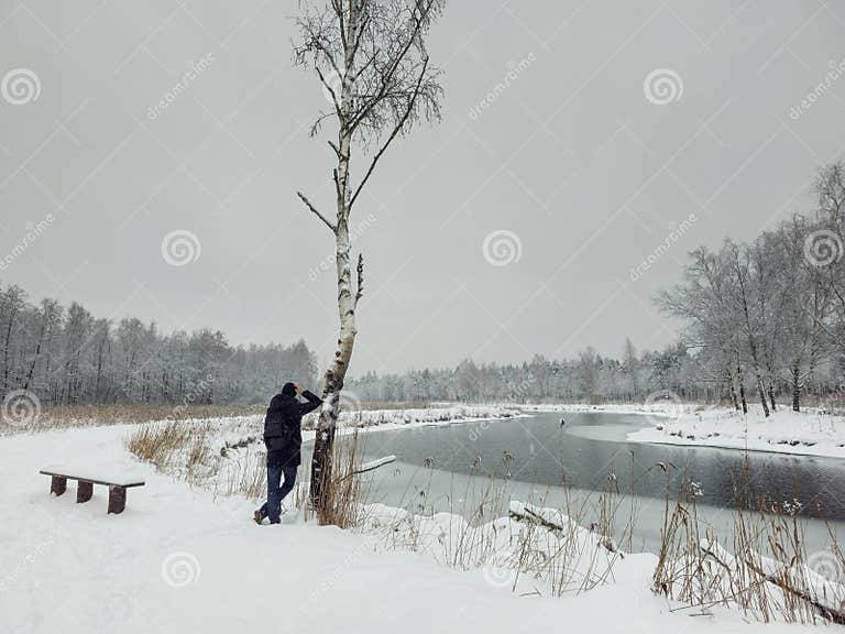 Man Leaned on a Birch Tree Looking at the Winter River Stock Image ...