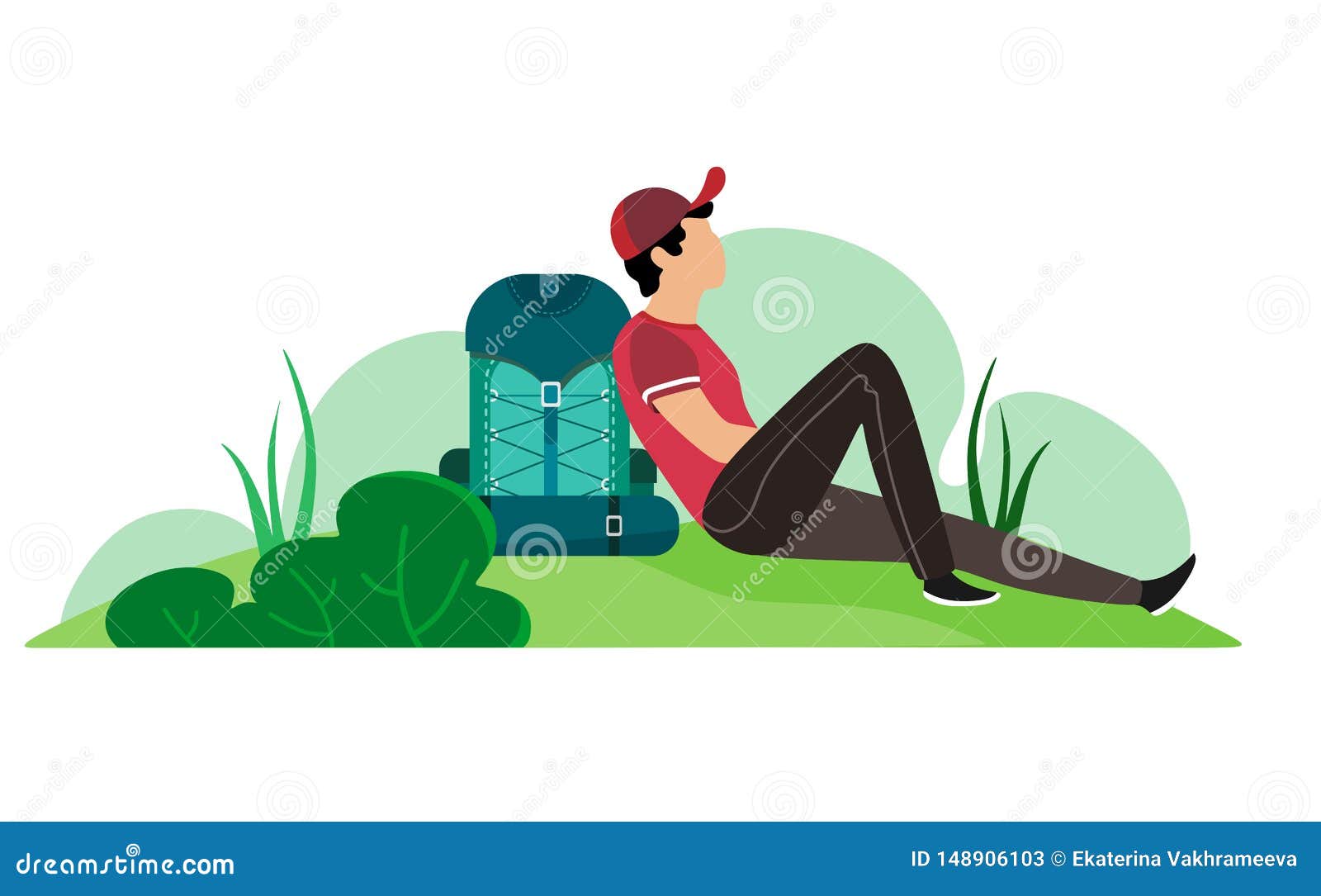 The Young Man Leaned on His Hiking Backpack and Rested. Vector ...