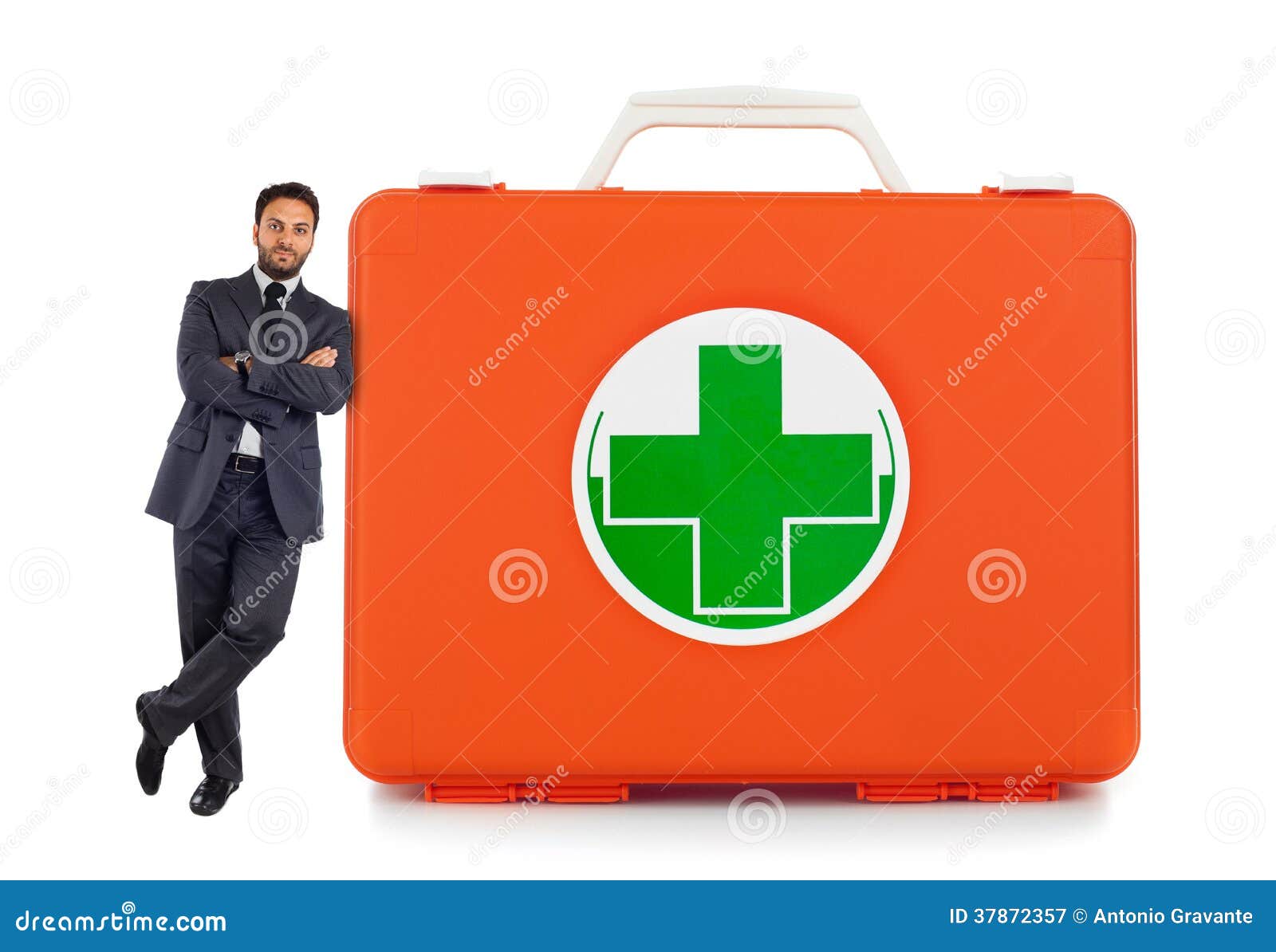 Man Leaning Against Near the First Aid Box Stock Image - Image of case ...