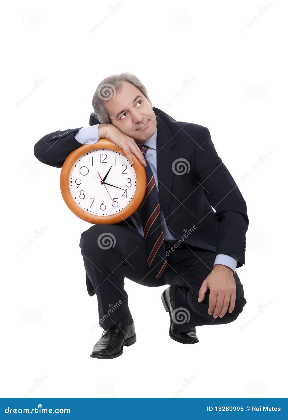 Man leaning on clock stock image. Image of hold, kneeling - 13280995