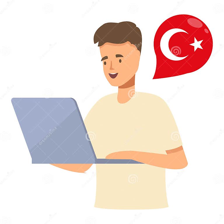 Man Learning Turkish Language Online with Laptop Stock Vector ...