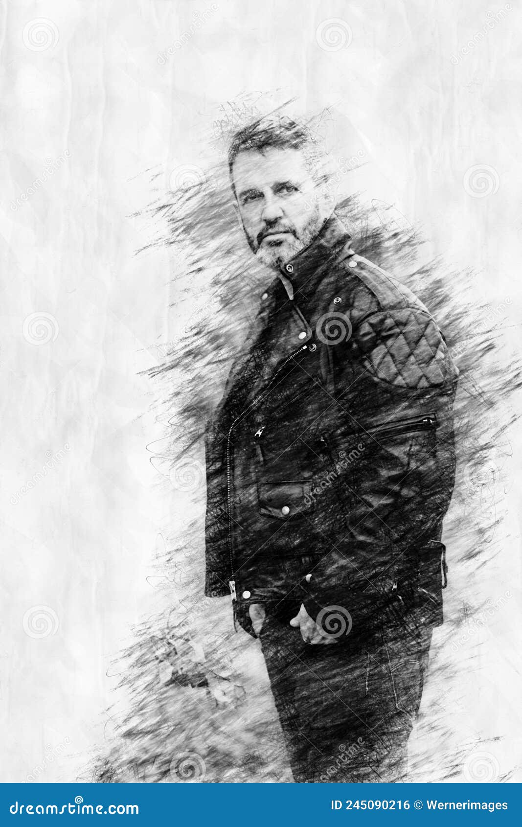 Man in Leather Jacket in Pencil Drawing Style Stock Photo - Image of ...