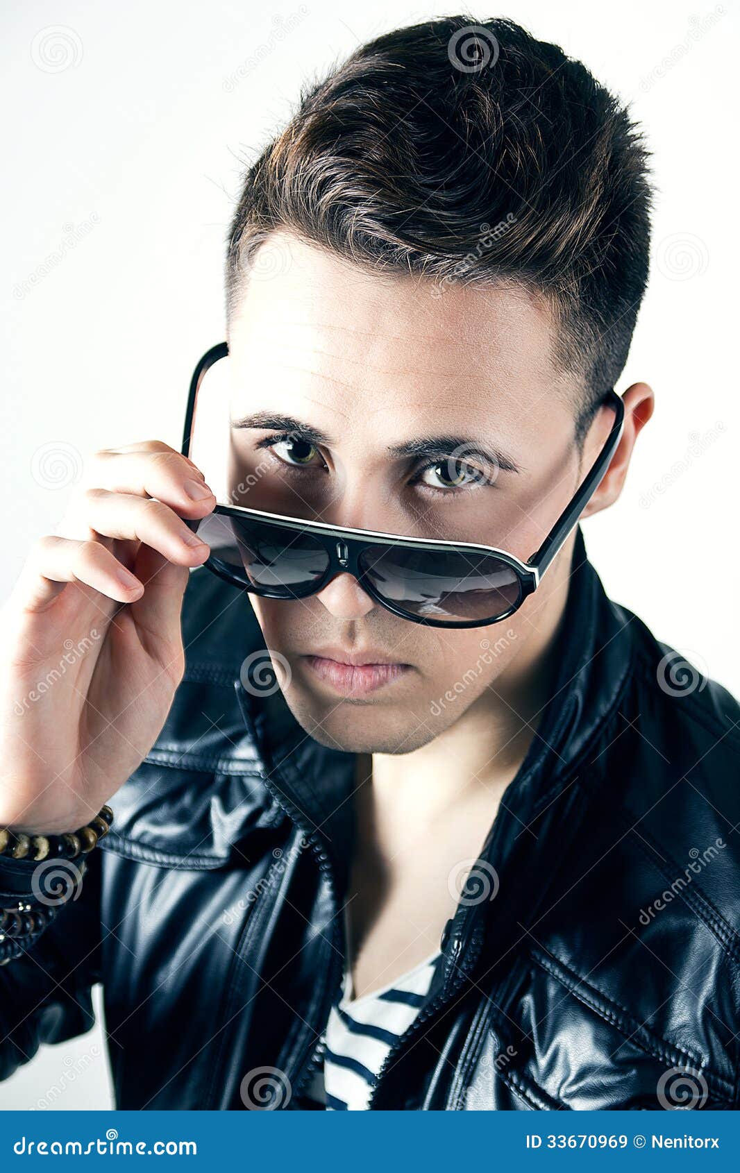 A Man In A Leather Jacket With Sunglasses Stock Image Image Of Black