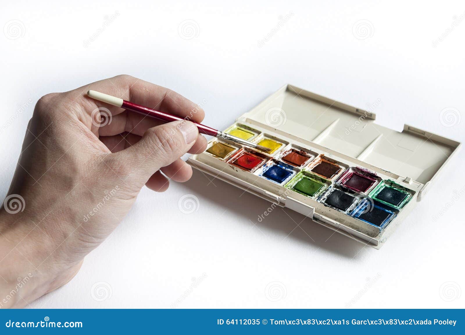 Man Left Hand Using Watercolor Set with Paintbrush Stock Image - Image ...
