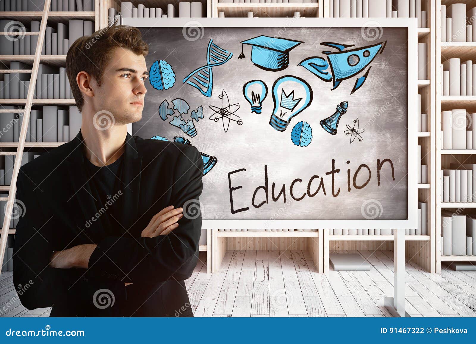Man in Library with Education Sketch Stock Photo - Image of graduation ...