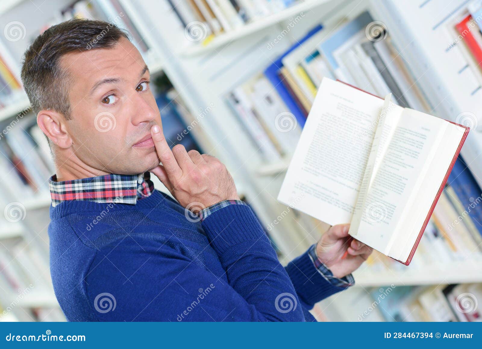 Man in Library Making Gesture for Silence Stock Photo - Image of warn ...
