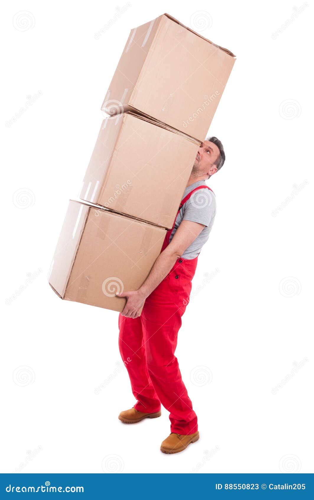 Man Lifting Bunch of Heavy Cardboard Boxes Stock Image - Image of full ...