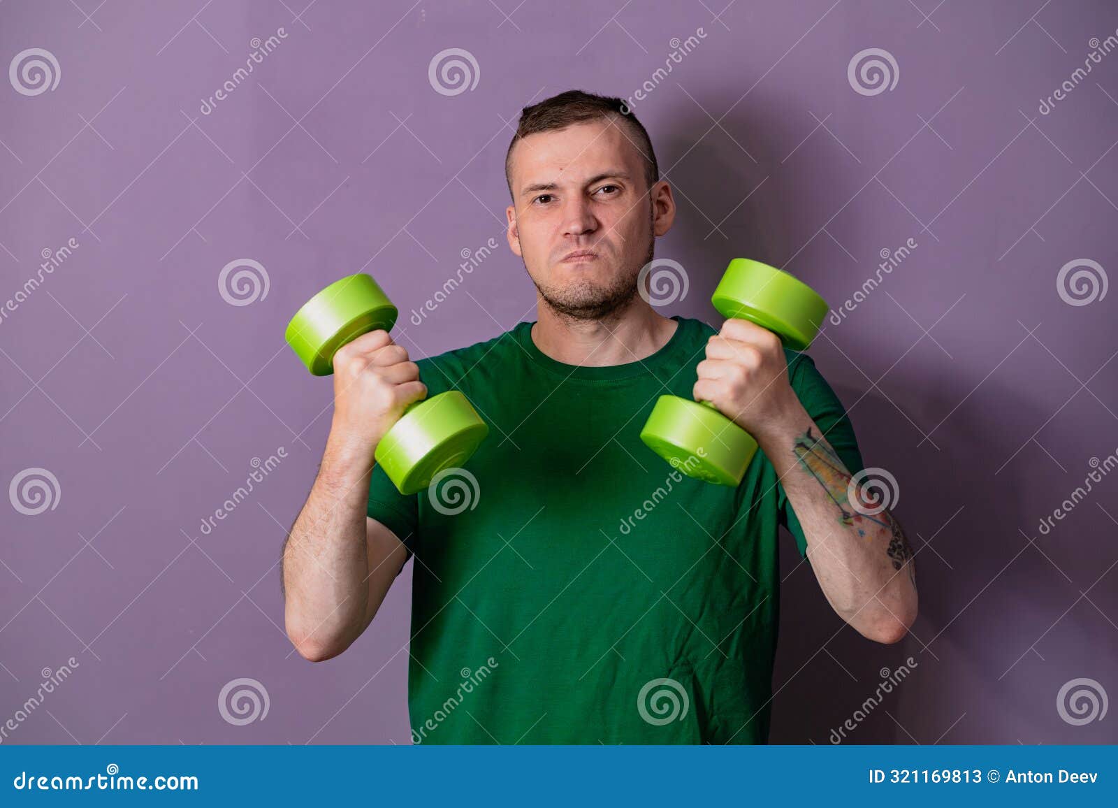 Man Lifting Green Dumbbells during Home Workout Stock Image - Image of ...