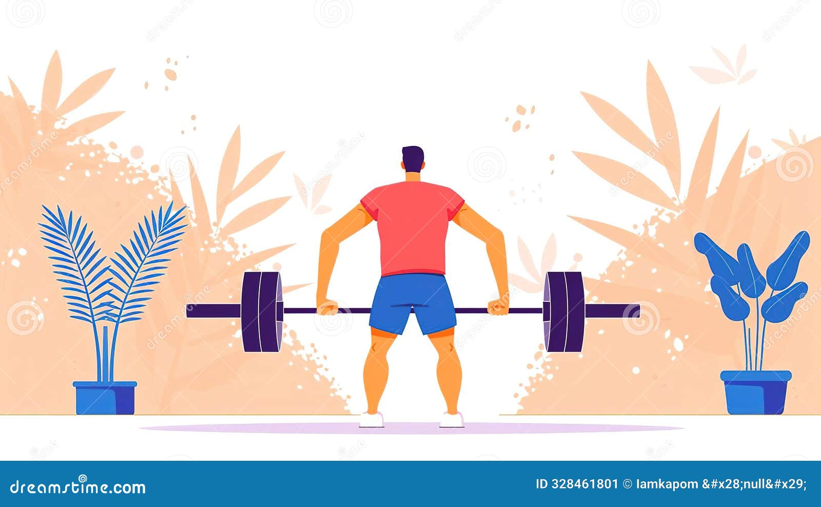 Man Lifting Weights Outdoors, Surrounded By Tropical Plants. Flat ...