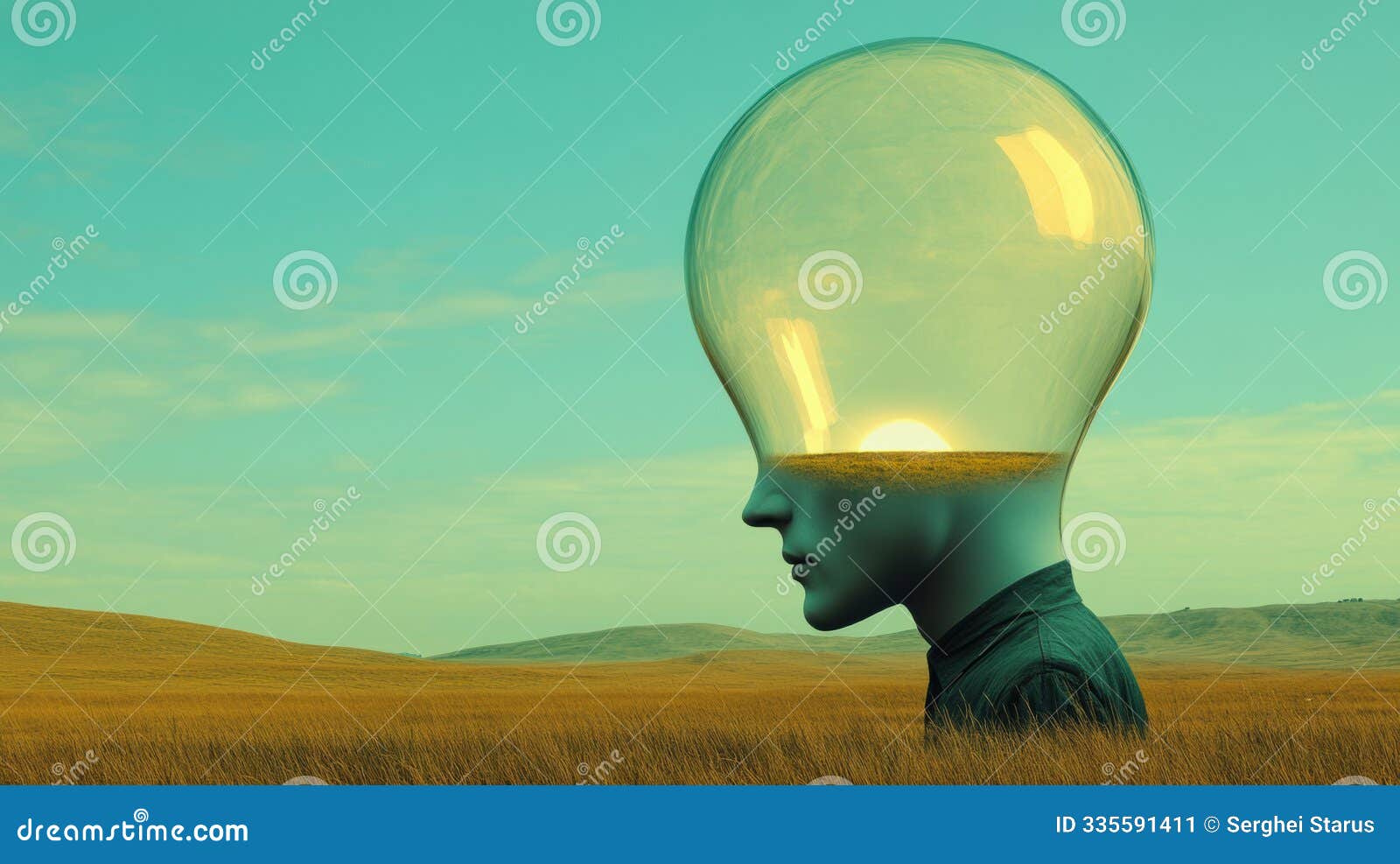 A Man with a Light Bulb Head in the Middle of an Open Field, AI Stock ...
