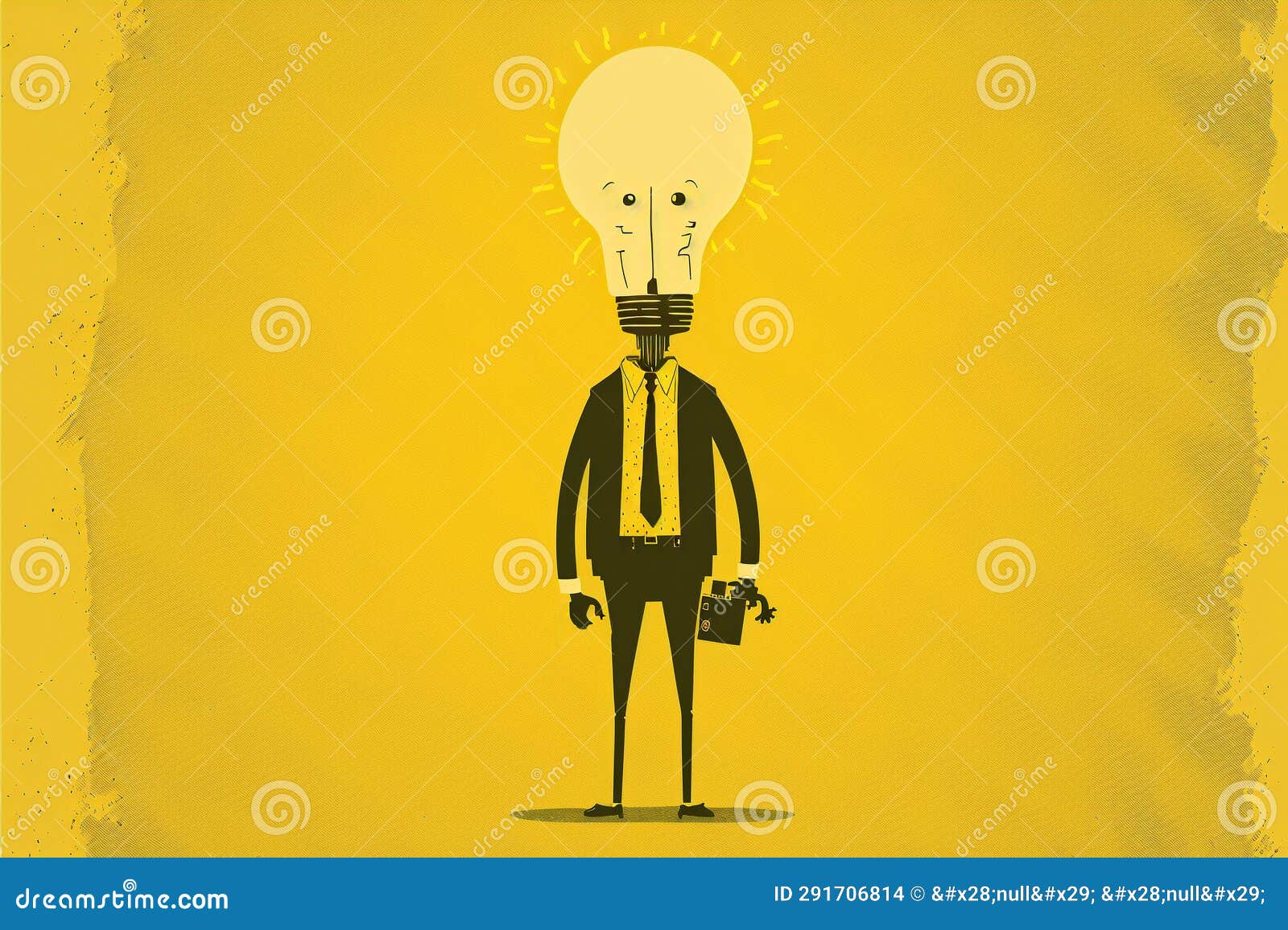 Man with a Light Bulb Head on Yellow Background. Hand Drawn Doodle ...