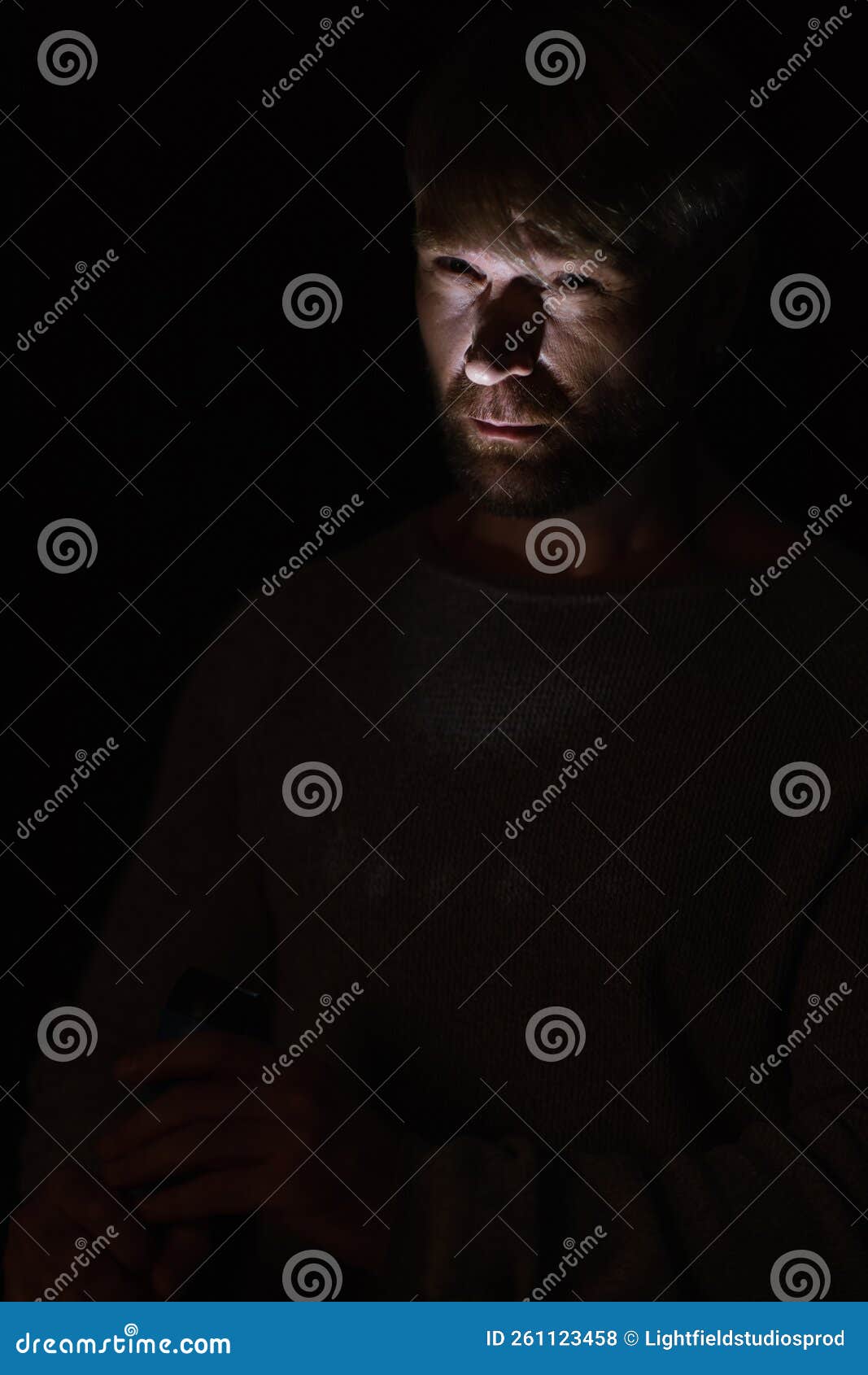 Man Lighting on Face with Flashlight Stock Photo - Image of service ...