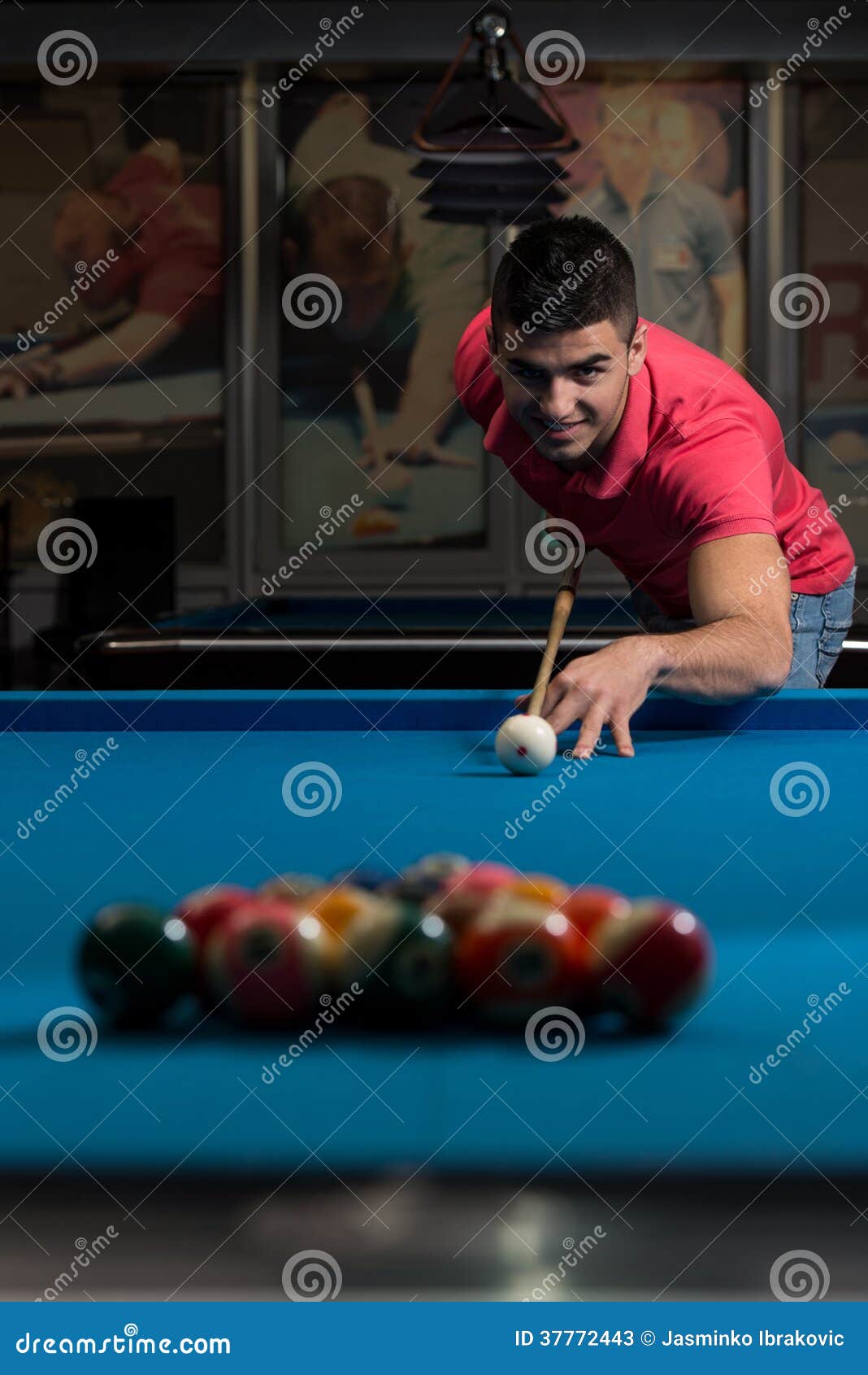Man Lining Ball Up To Break in Pool Stock Image - Image of sport, hall ...