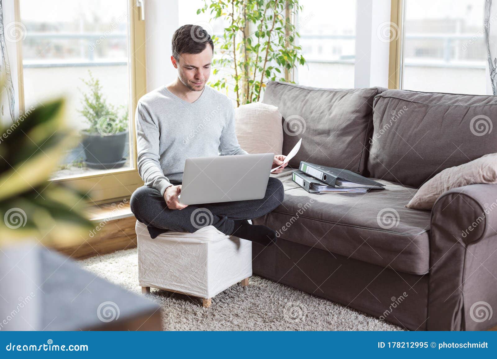 Man in Living Room Working from Home Stock Image - Image of business ...