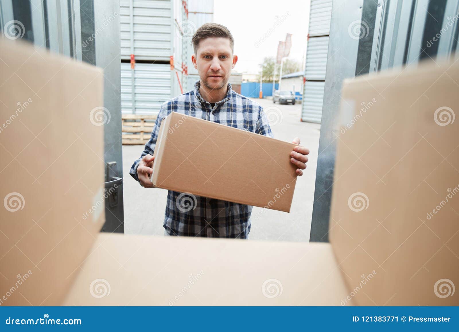 Man Loading Container with Boxes Stock Image - Image of warehouse ...
