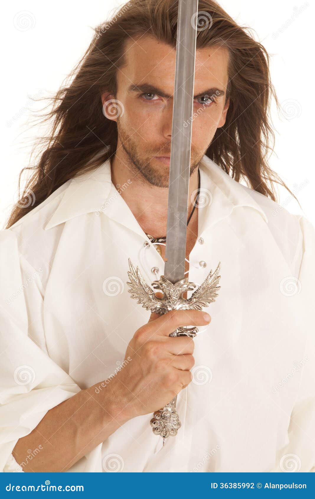 Man Long Hair Sword in Front of Face Stock Photo - Image of guard ...