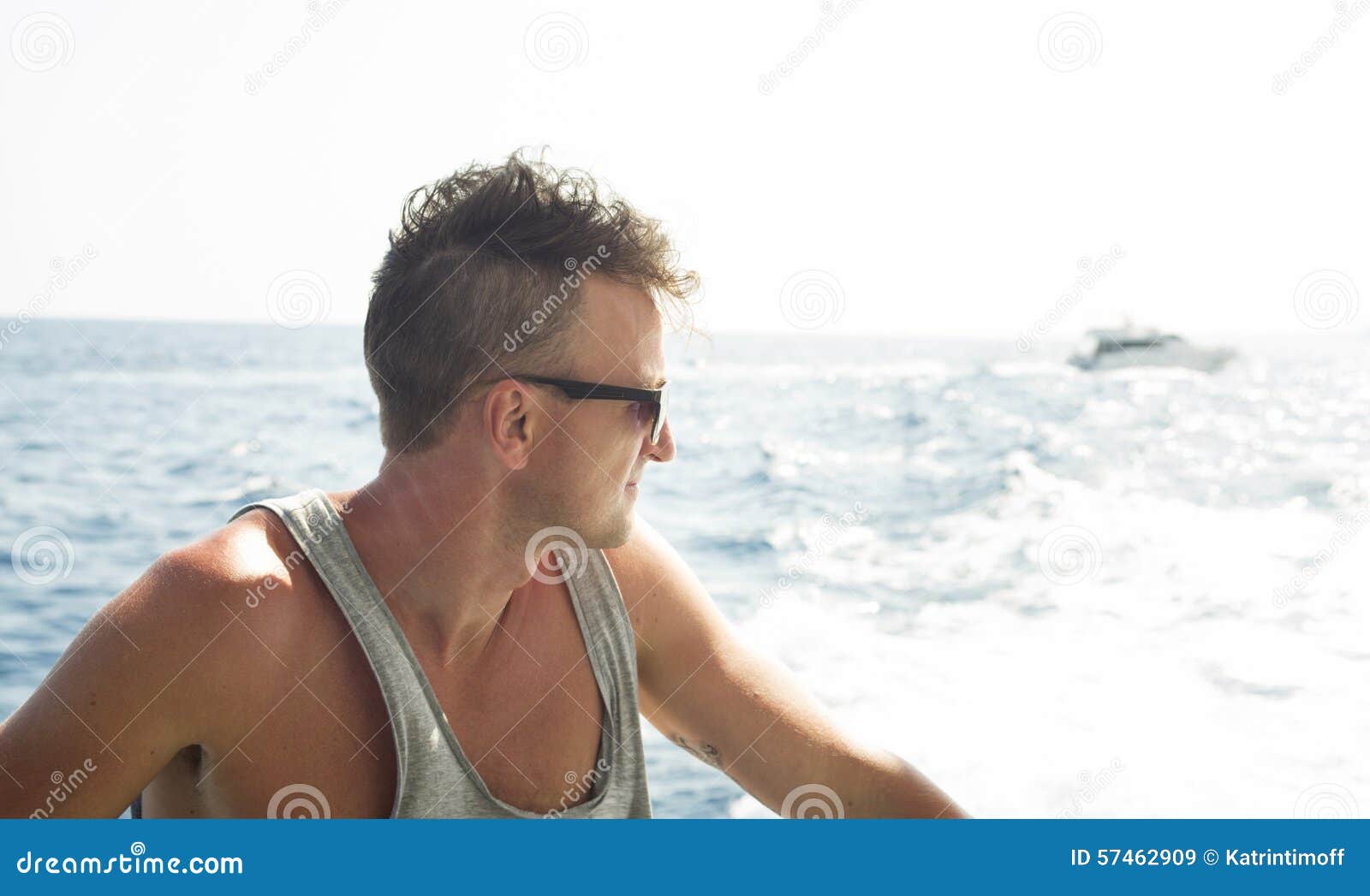 Man Look at the Sea from the Deck of a Boat Stock Image - Image of ...