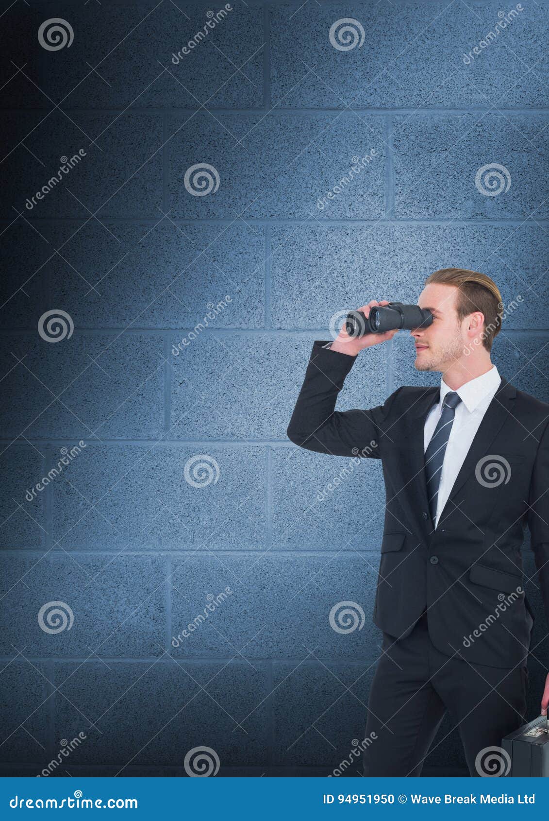 Man Looking through Binoculars Against Blue Wall Stock Photo - Image of ...