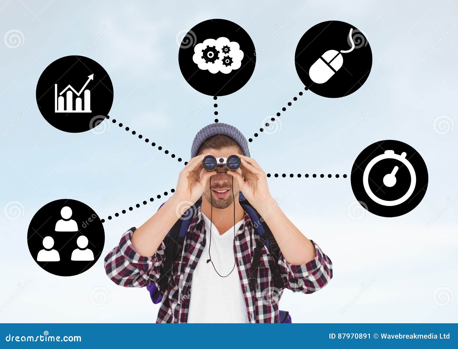 Man Looking through Binoculars with Business Icons Stock Image - Image ...