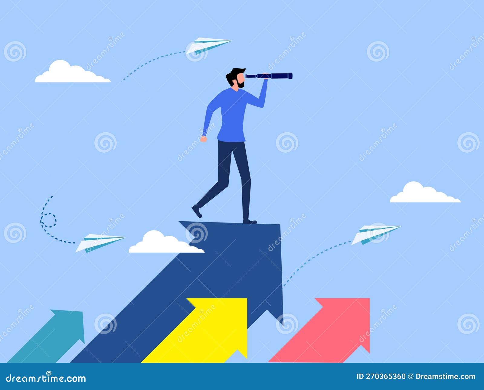 Man Looking Binoculars on a Growing Arrow. Looking Forward Stock Vector ...