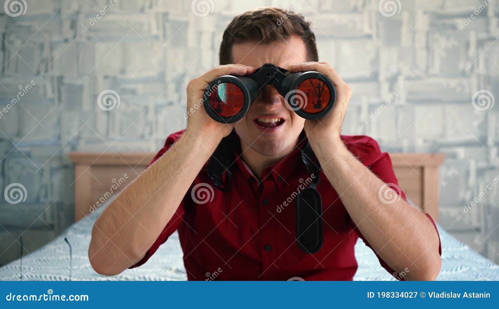 Man Looking through Binoculars is Surprised Stock Video - Video of ...