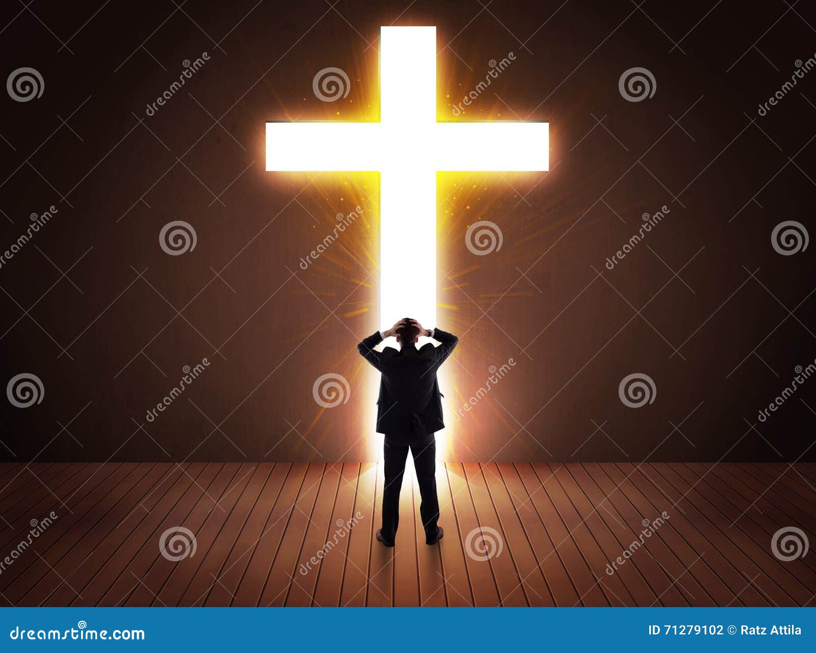 Man Looking at Bright Cross Sign Stock Photo - Image of doorway, entry ...