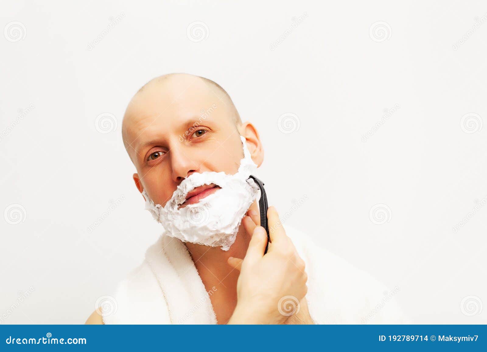 Man Looking on Camera and Shaving His Face with Razor Stock Photo ...