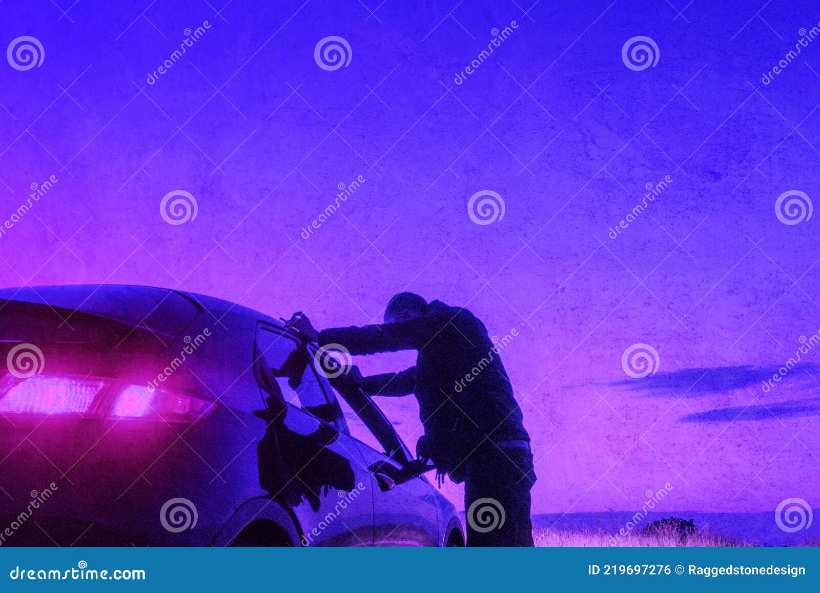 A Man Looking into a Car Window on a Summers Evening. with a Neon ...