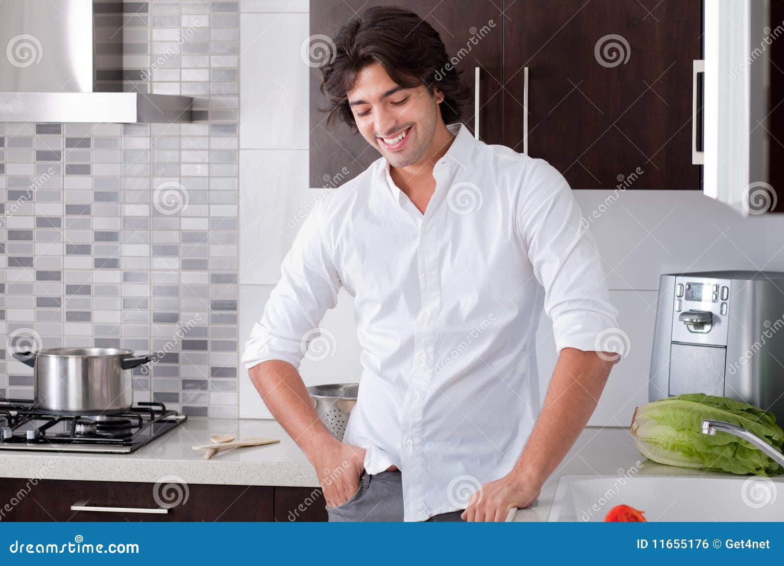 Man Looking Casual in Kitchen Stock Photo - Image of happiness, whiten ...