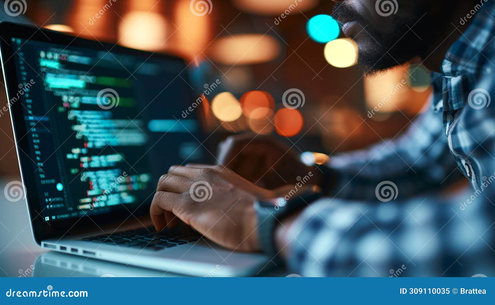 Man Looking at Computer Blue Screen with Charts and Data Stock ...