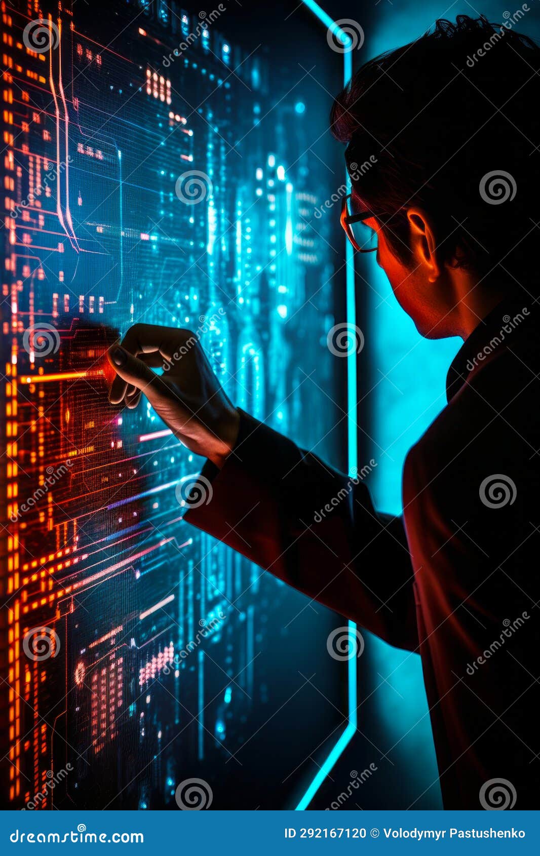 Man is Looking at Computer Screen with Glowing Lines. Generative AI ...