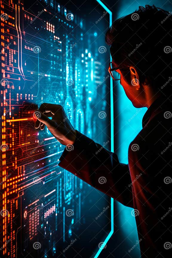 Man is Looking at Computer Screen with Glowing Lines. Generative AI ...