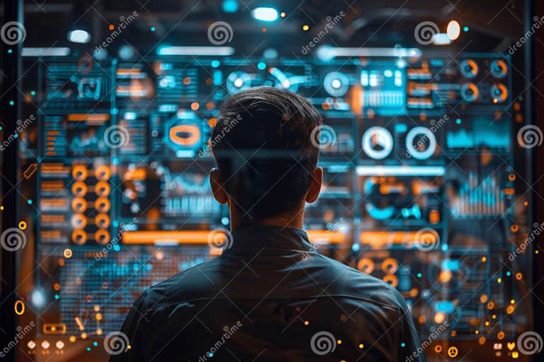 A Man is Looking at a Computer Screen with Many Different Colored ...