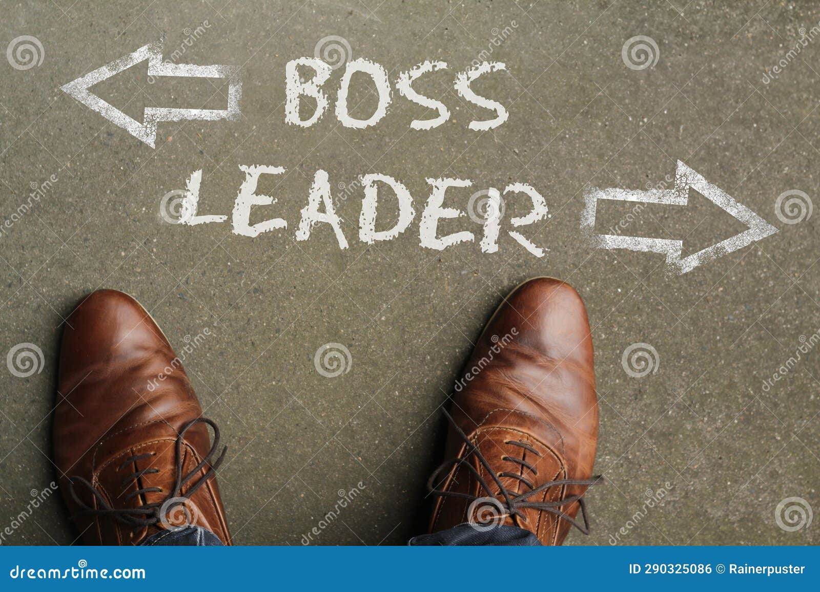 Man Looking Down at the Words "Boss" and "Leader" Stock Photo - Image ...