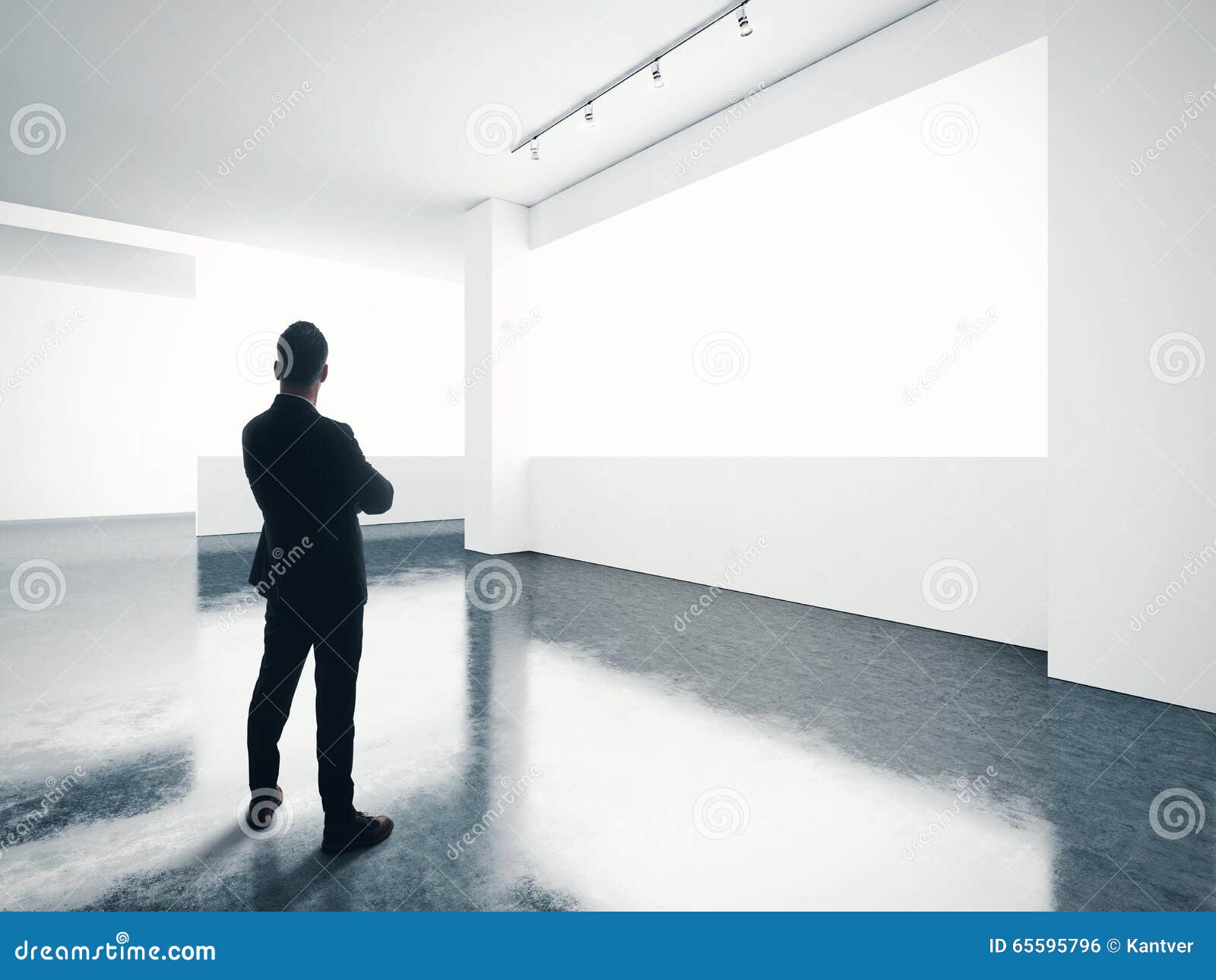 Man Looking at Empty Screen in Contemporary Gallery Stock Photo - Image ...