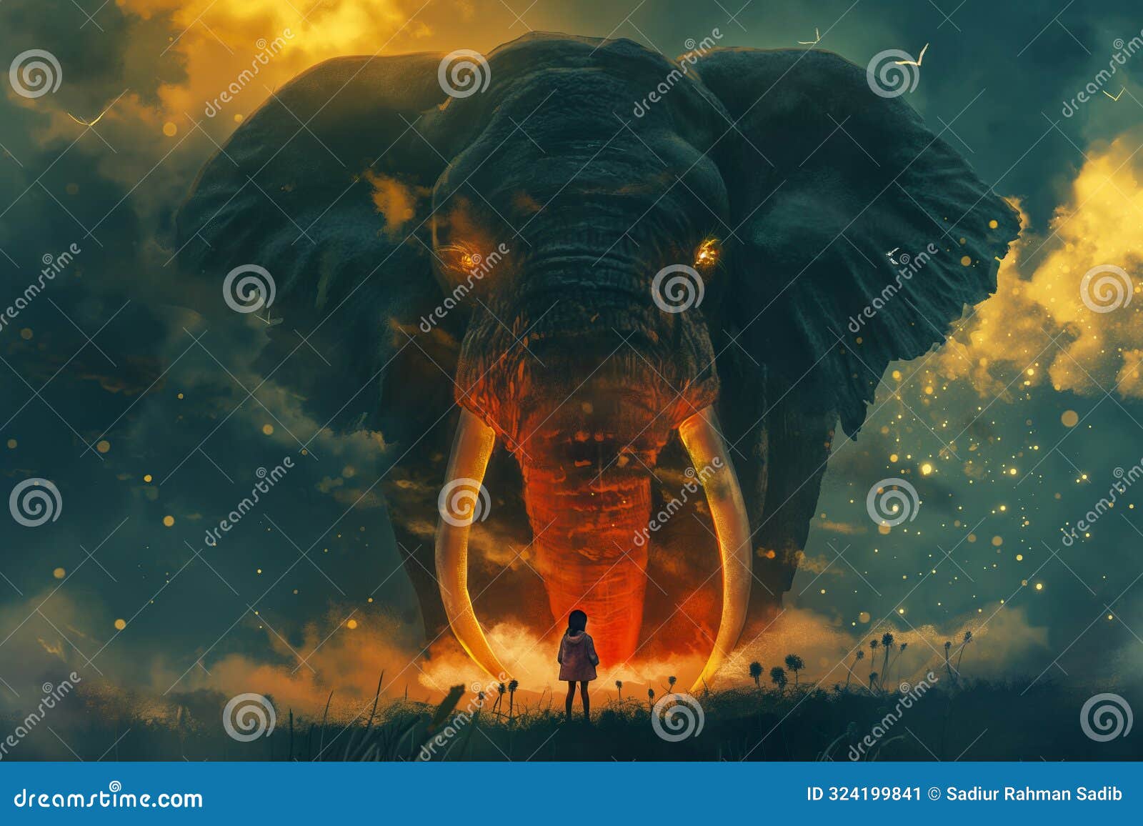 Man Looking at Giant Elephant in the Sky. Stock Illustration ...