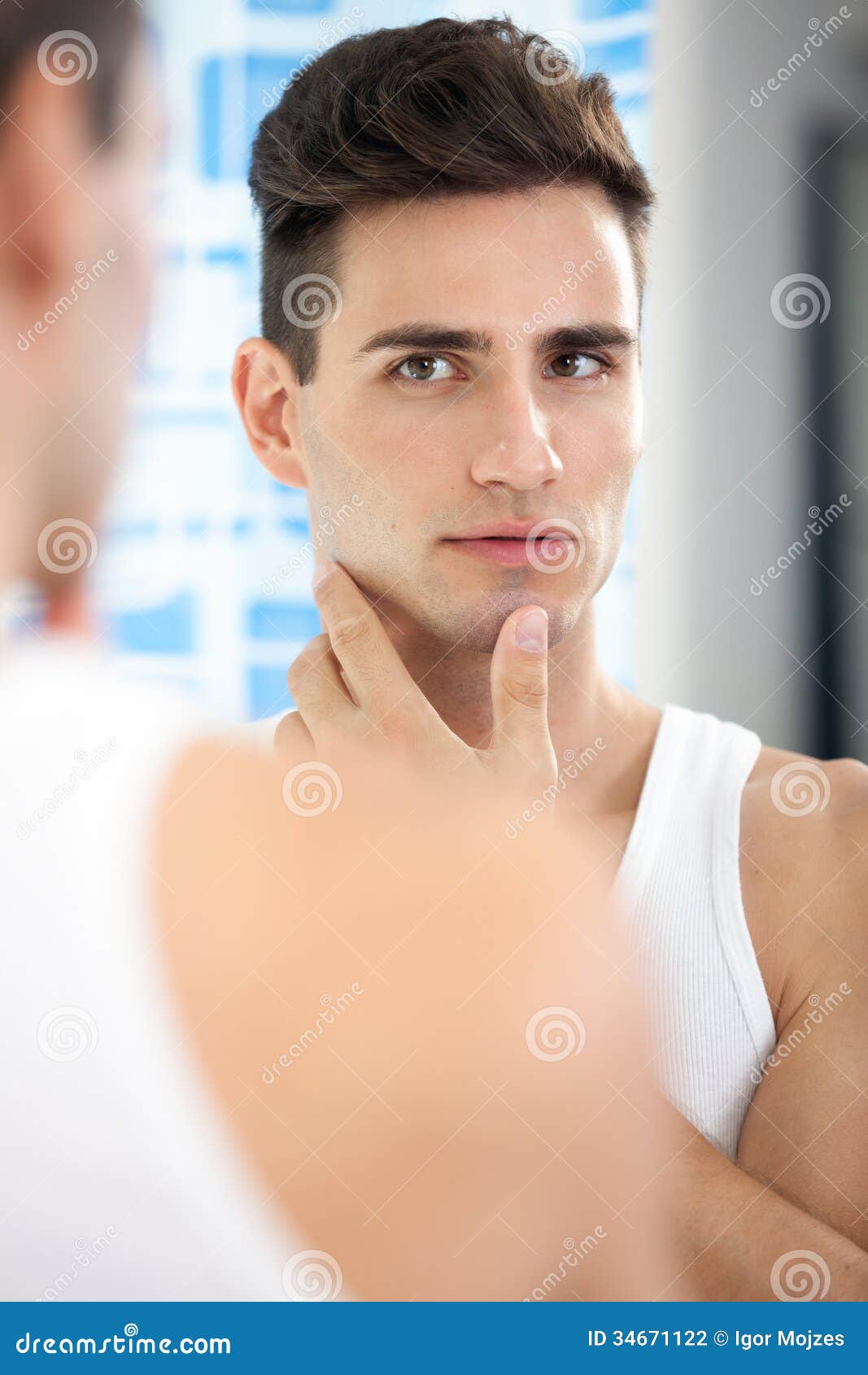 Man Looking at Himself in Mirror Stock Photo - Image of cosmetics ...