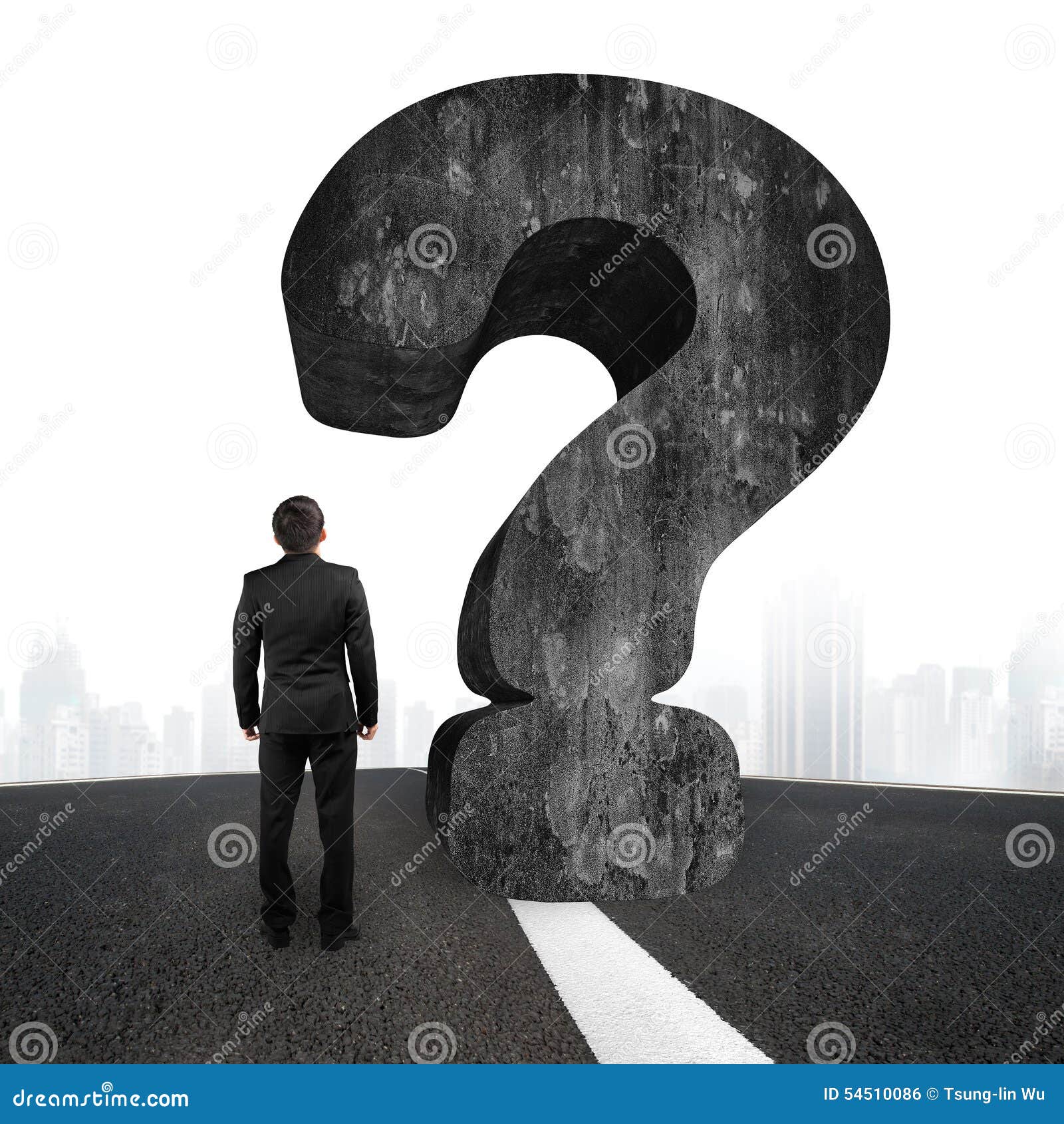 Man Looking at Huge 3D Concrete Question Mark Asphalt Road Stock Photo ...
